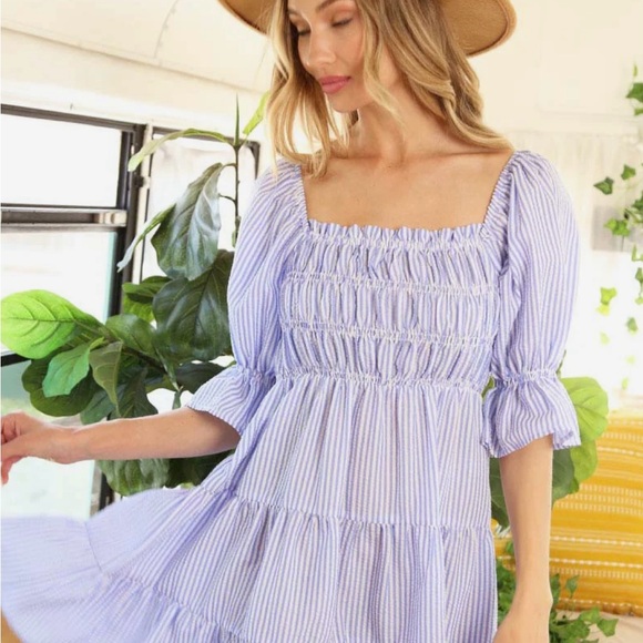 Vine & Love | Dresses | Sandine Blue White Smocked Seersucker Dress ...
